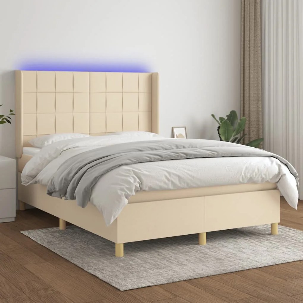 Box spring postel s matrací a LED krémová 140x190 cm textil,  3138874