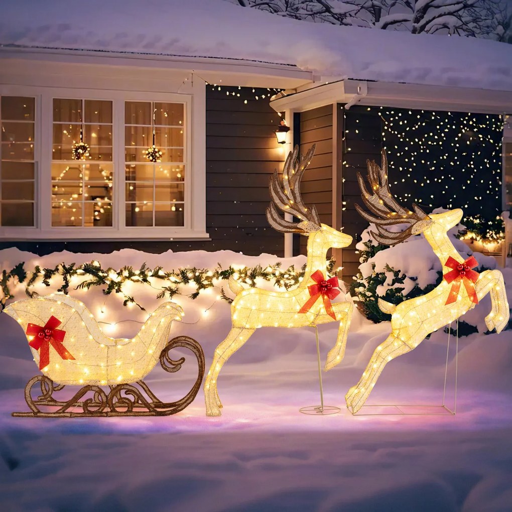 Costway Svítící sob se saněmi se 280 LED, sada 3 dílů
