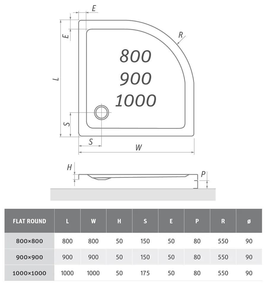 Čtvrtkruhová akrylátová sprchová vanička FLAT ROUND 50 mm S 900 × 900 R550 FLAT ROUND/900 8000116