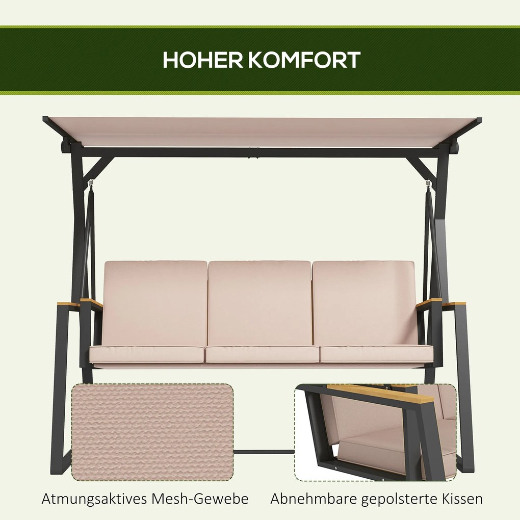 Hollywoodschaukel, 3-Sitzer Gartenschaukel, mit erstellbarem Sonnendach, wetterfest, Khaki
