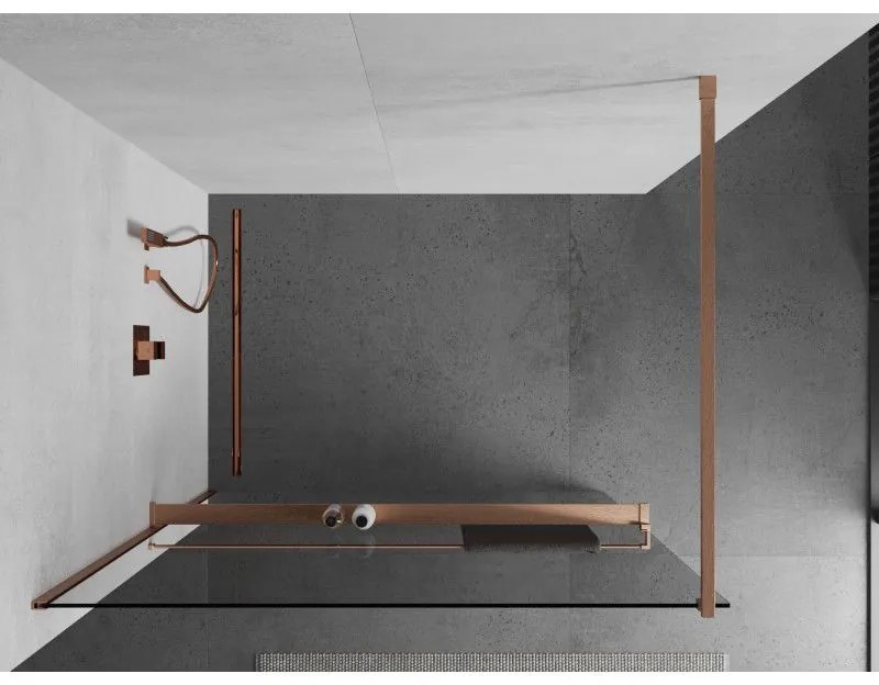 Mexen Kioto+, sprchová zástěna Walk-In s poličkou a věšákem 100 x 200 cm, 8mm čiré sklo, měděný matný profil, 800-100-121-65-00