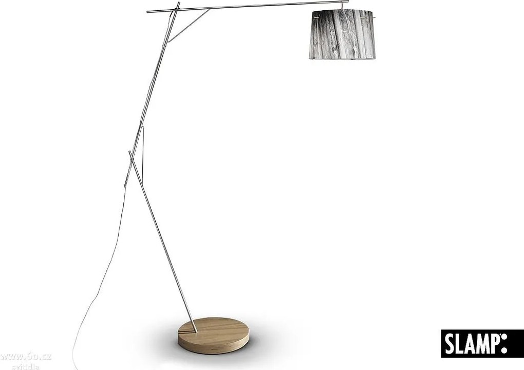 Slamp Woody, designová stojací lampa s bílo-černým stínítkem v dekoru dřeva se stmívačem, 1x100W, výška max 230cm