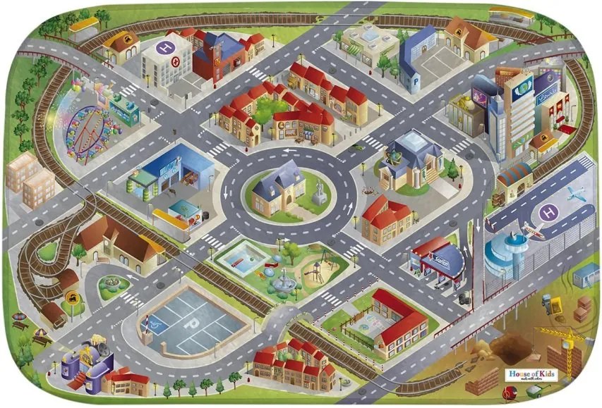 HOUSE OF KIDS Dětský hrací koberec Město 3D Ultra Soft 130x180 zelený
