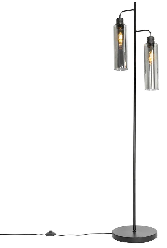 Moderní stojací lampa černá s kouřovým sklem 2 světla - Stavelot