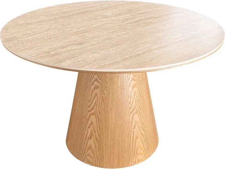 Kulatý keramický jídelní stůl Parthenia 120 cm travertin / dub
