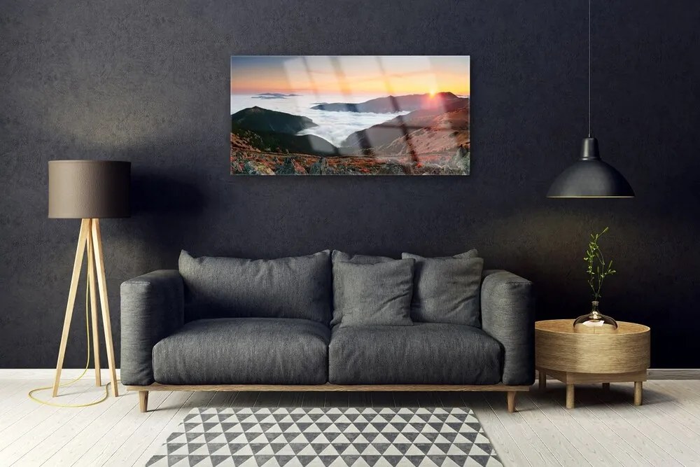 Obraz na skle Hory Mraky Slunce Krajina 120x60 cm