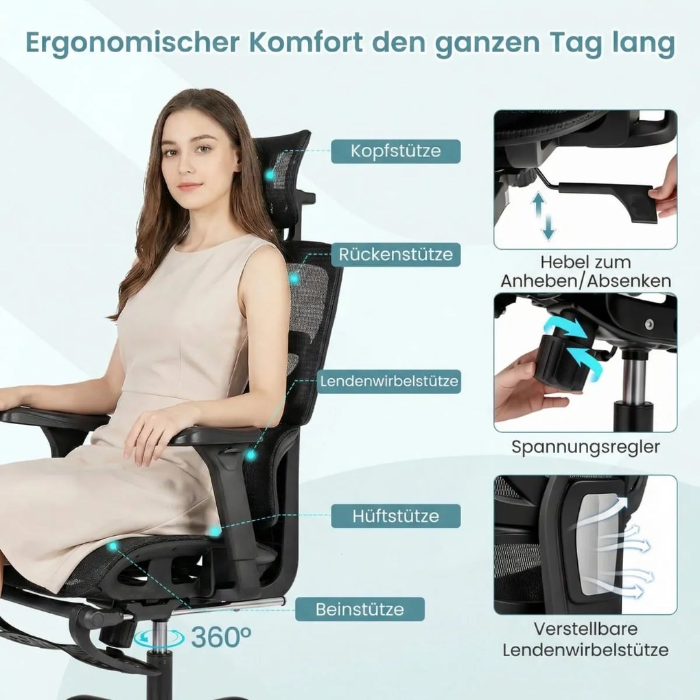 Costway Síťovaná kancelářská židle s otočnou a rolovací opěrkou nohou s vysokým