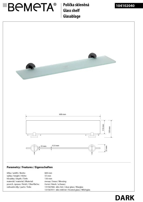 Bemeta Design DARK: Polička, 600 mm, sklo - 104102040