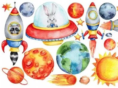 Veselá nálepka pro malé kosmonauty s motivem planet 80 x 160 cm
