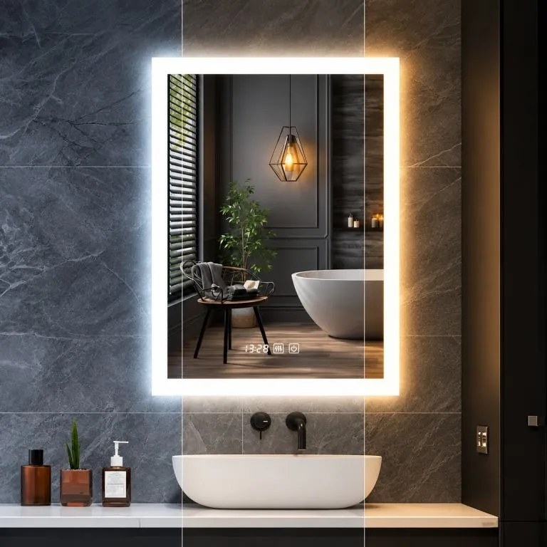 LED zrcadlo 80 × 60 cm s odmlžováním a hodinami