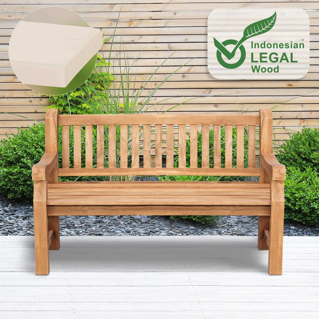 Teaková lavice Daxon s sedací polštář 150 cm – krémová