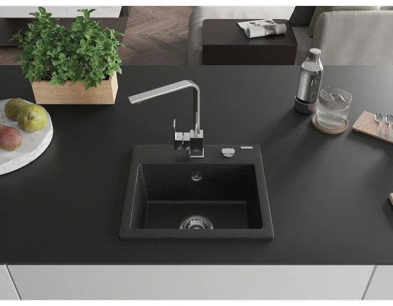 Mexen Milo, 1-komorový granitový dřez 435x410x171 mm a chromová baterie Rita, černá-stříbrná metalíza, 6505-73-670300-00