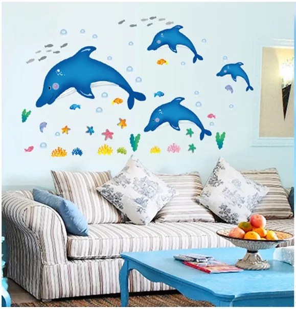Živá Zeď Samolepka na zeď Modří delfíni
