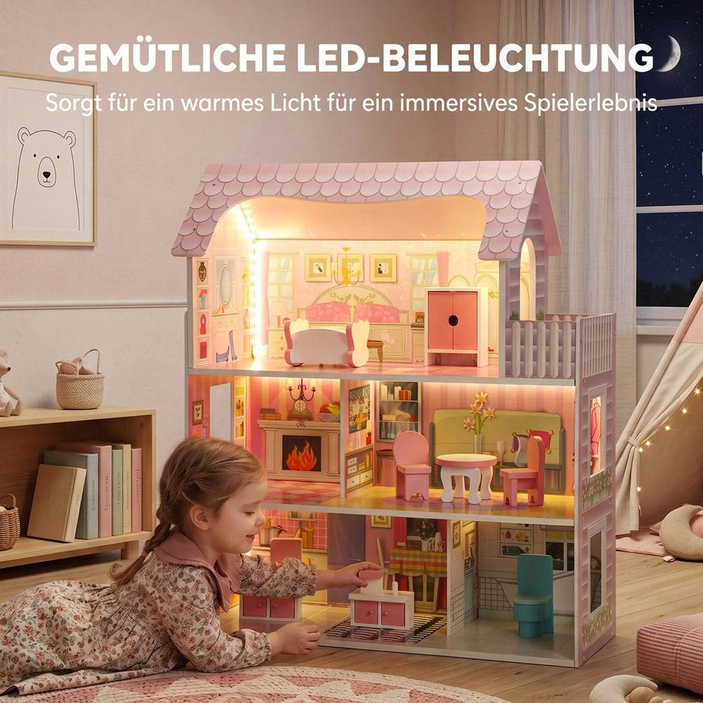 AIYAPLAY třípatrový domeček pro panenky s LED, růžový