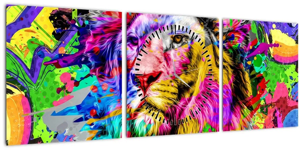 Obraz - 3D obraz lva (s hodinami) (90x30 cm)