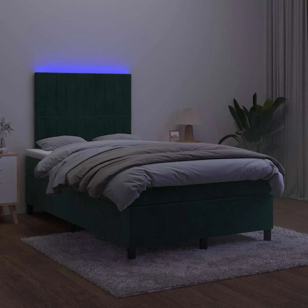 Box spring postel s matrací a LED tmavě zelená 120x200 cm samet 3136236