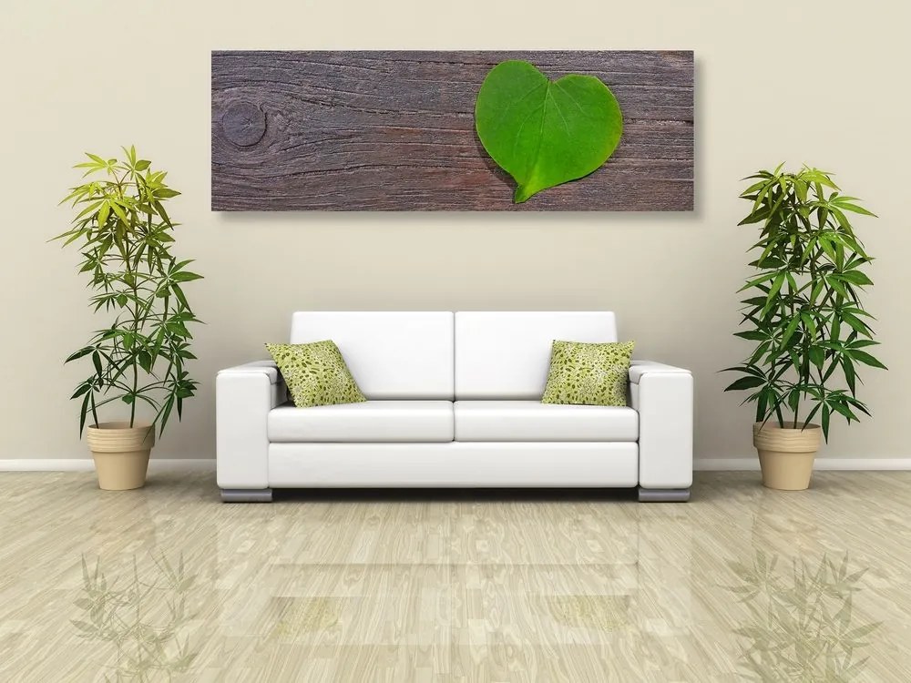 Obraz list ve tvaru srdce na dřevěném podkladu - 135x45 cm