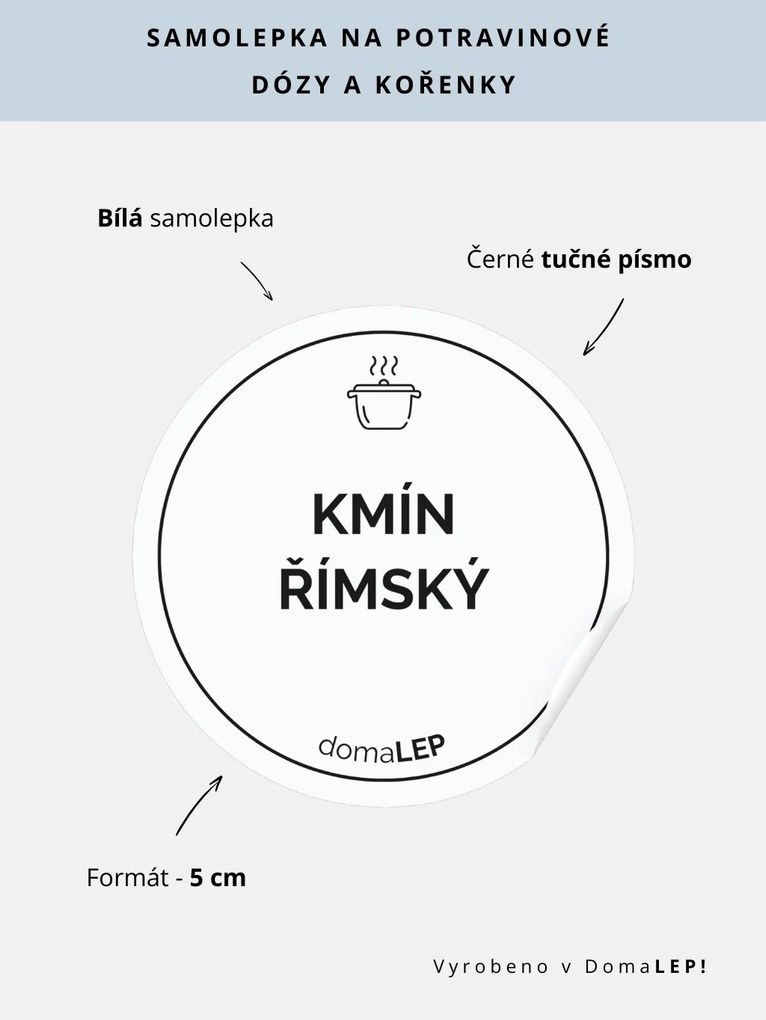 Samolepka na kořenky KMÍN ŘÍMSKÝ bílá 5 cm tučné písmo