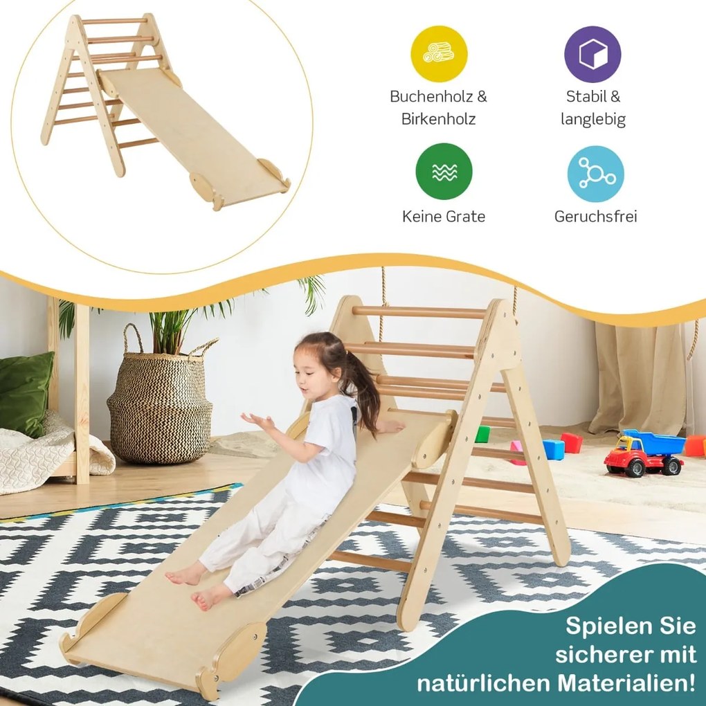 Costway Trojúhelníková dřevěná prolézačka Nursery s přírodní rampou