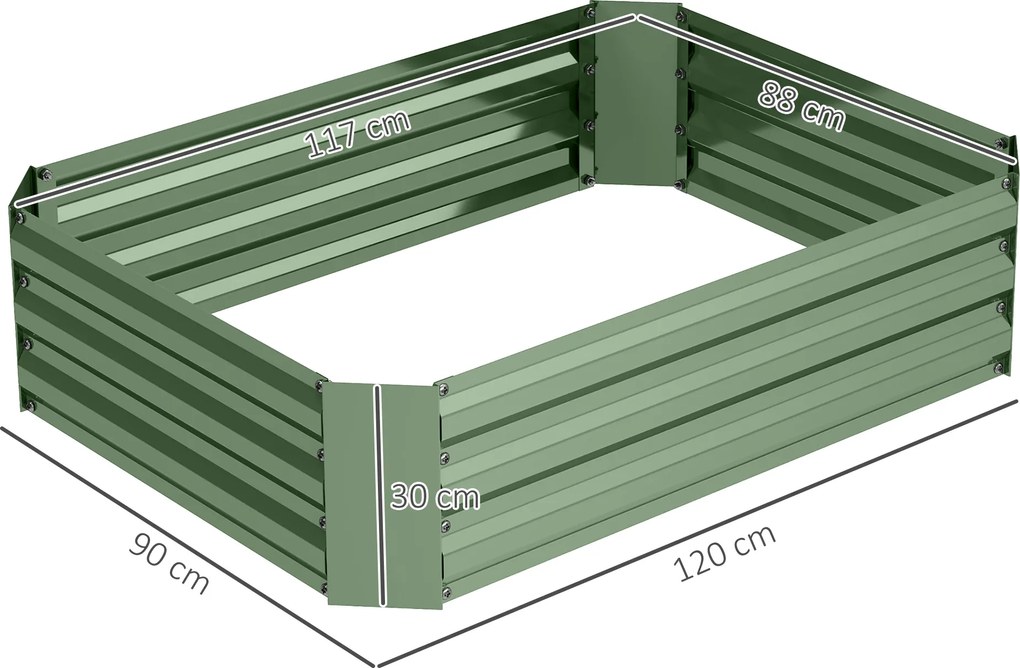 Pozinkovaný ocelový vyvýšený záhon, zahradní záhon, truhlík na květiny, 120 x 90 x 30 cm, tmavě zelený
