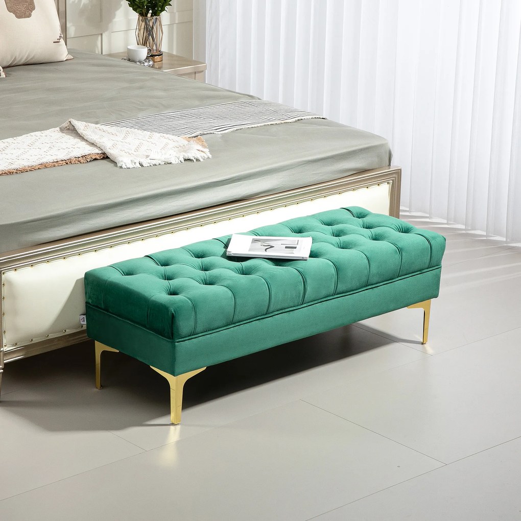 HOMCOM Klasická Chic Léčba Podnožka S Hlavou s Koupelí se Zlatý Skleněné Nohy - Zelený Velvet - 118D x 45Š x 42V cm