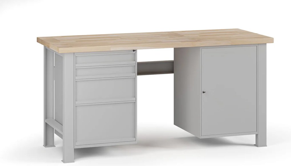 Dílenský pracovní stůl G7, buková spárovka, 1700 x 685 x 840 mm, 1x skříňka, 4 zásuvky, šedá