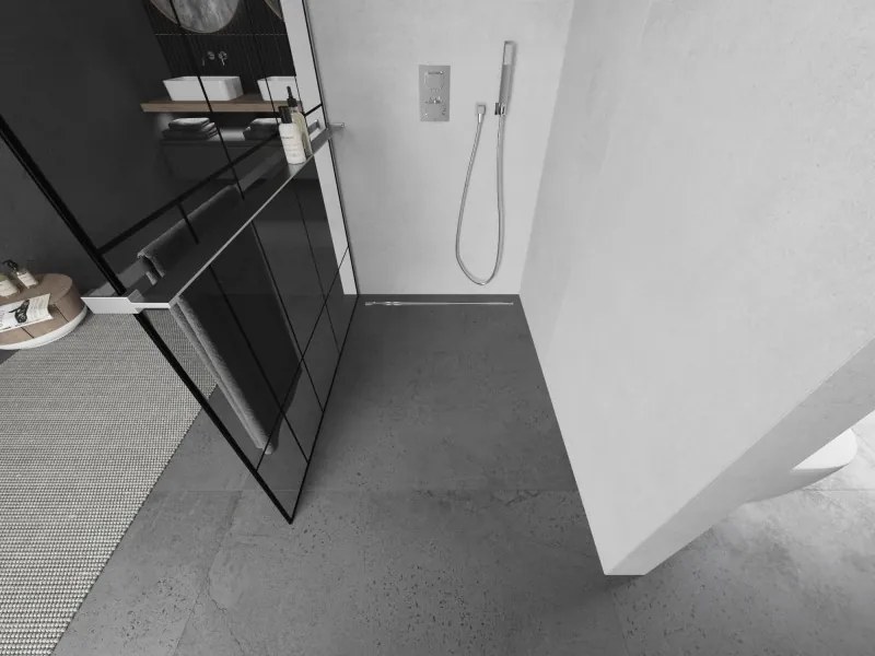 Mexen Kioto+ L, sprchová zástěna Walk-In s poličkou a věšákem 120 x 200 cm, 8mm čiré sklo černý vzor, ​​chromový profil, 800-120-123-01-78