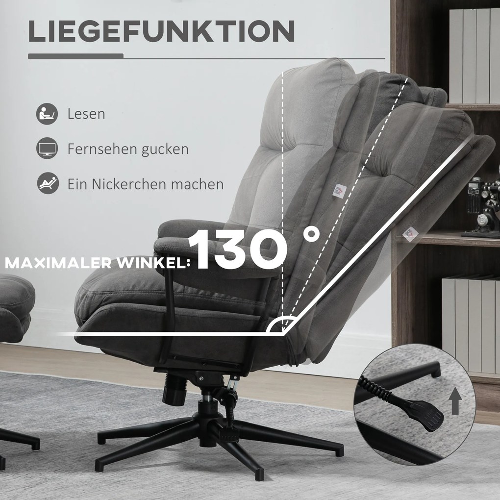 HOMCOM polohovatelné křeslo s taburetem, nosnost do 150 kg, otočná základna, TV křeslo s funkcí polohování, tmavě šedý polyester, ideální do obývacíh…