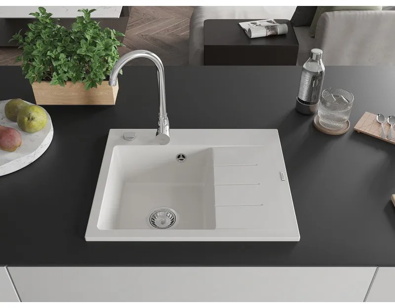 Mexen Ben, 1-komorový granitový dřez 600x500x190 mm, levý+ chromový sifon, bílá, 6522605000-20