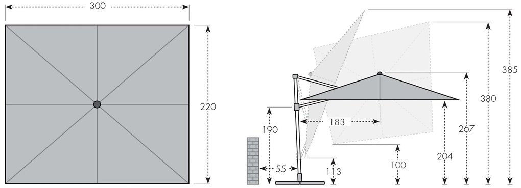 Doppler myZone 220 x 300 cm LED - výkyvný zahradní slunečník s boční tyčí oranžová