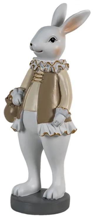 Dekorace králík v béžovém kabátku držící měšec – 10x8x25 cm