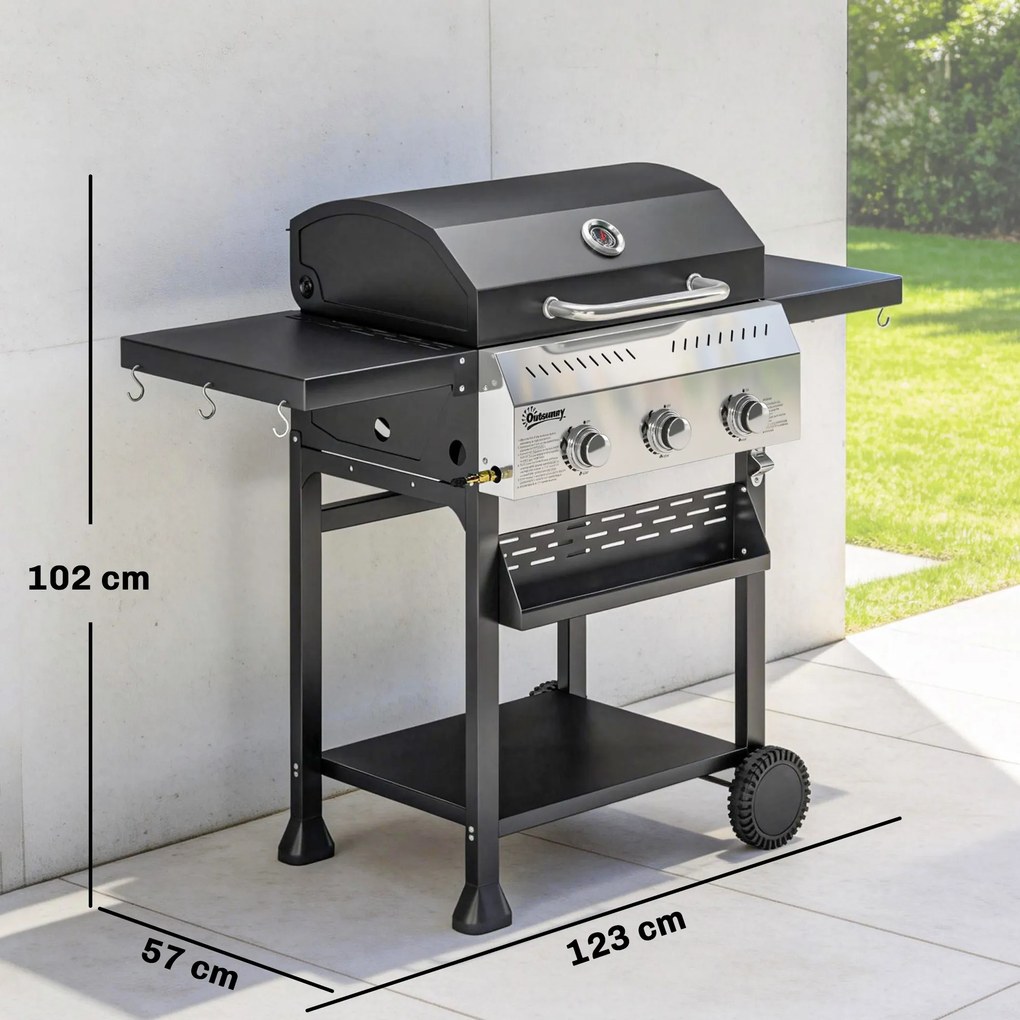Outsunny Plynový gril 9 KW 3 hořáky BBQ grilovací vozík z nerezové oceli včetně skládacího bočního stolku držák na koření spodní police 6 háčků