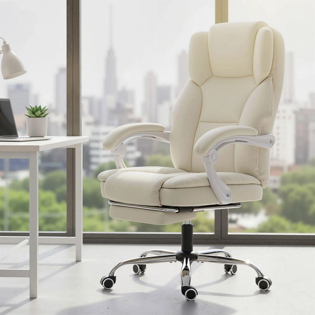 HOMCOM ergonomická kancelářská židle — sklopné opěradlo, nastavitelná výška, podnožka, 360° otočná, taštičkové pružiny, ekokůže, béžová