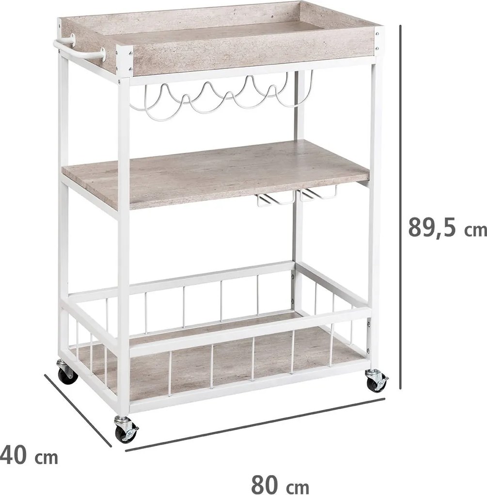 Kuchyňský vozík RUSTICO, třístupňový stojan na kolečkách s držáky na lahve a brýle - 80 x 89,5 x 40 cm, WENKO