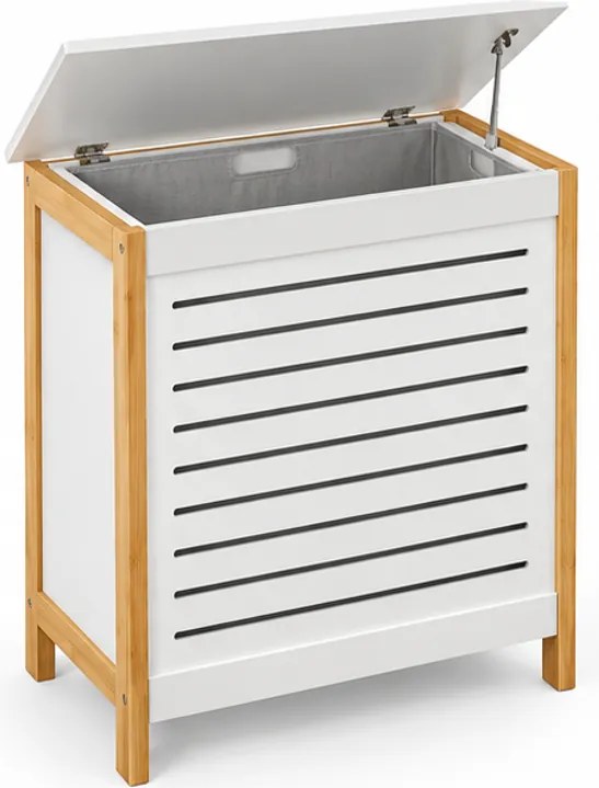 koš na prádlo, s víkem, 80 l, bambus/dřevo, 60x50x30 cm, bílá/přírodní, Dekorino KP20260011