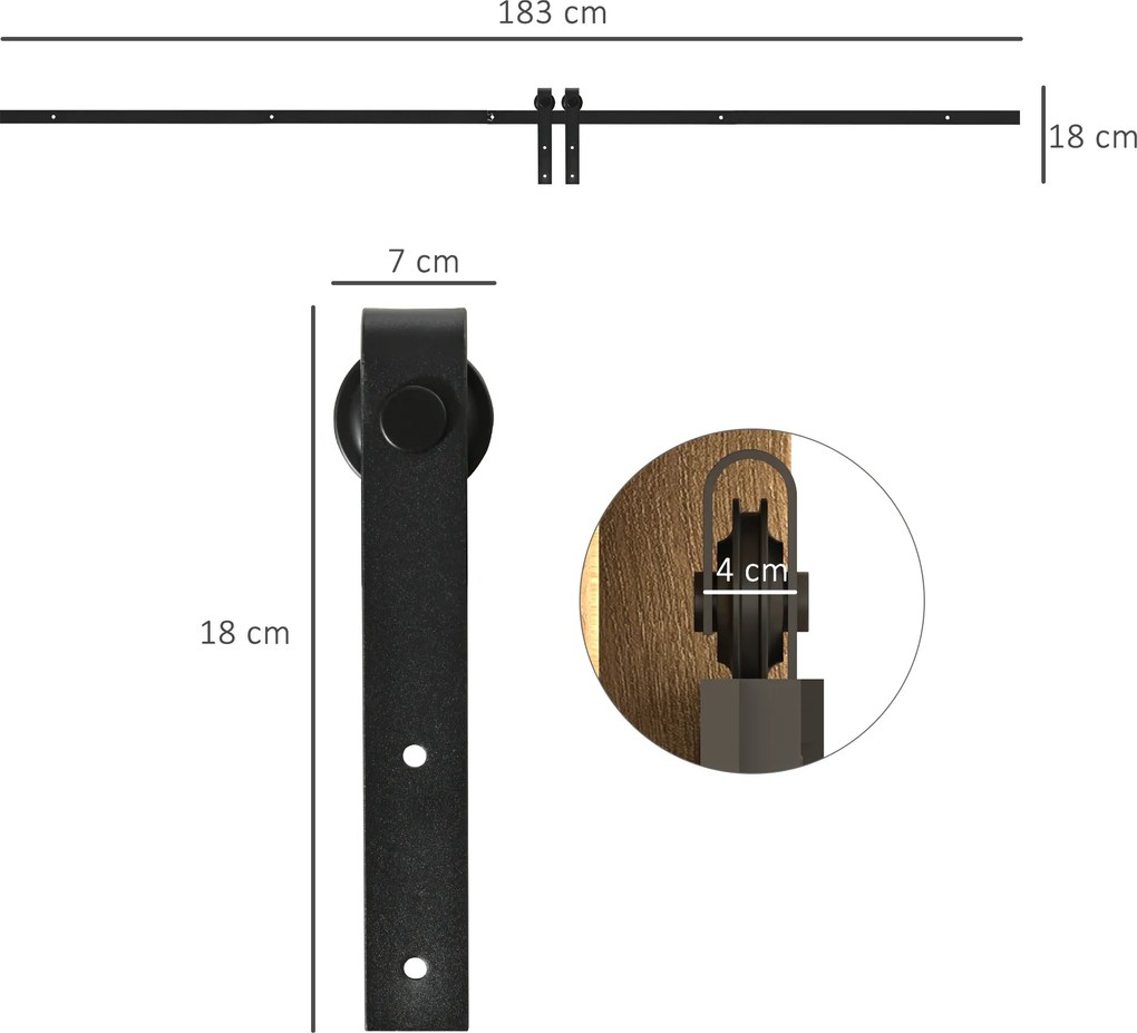 HOMCOM Posuvný systém pro jednokřídlé posuvné dveře, kolejnice s příslušenstvím, uhlíková ocel, černá, 183x0.6x18cm| Aosom