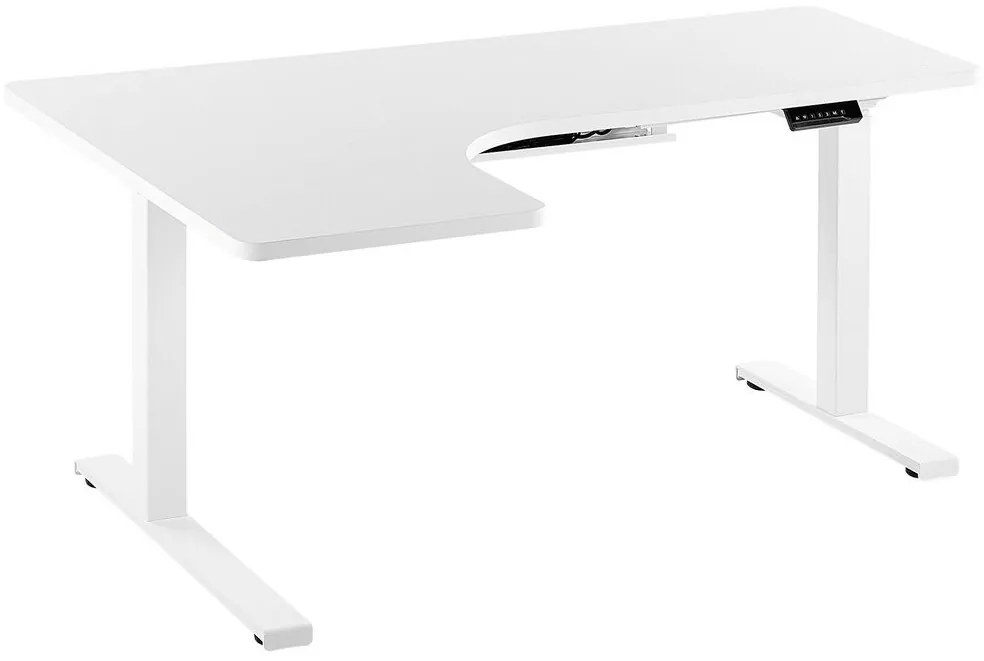 Rohový elektricky nastavitelný psací stůl levostranný 160 x 110 cm bílý DESTIN II Beliani