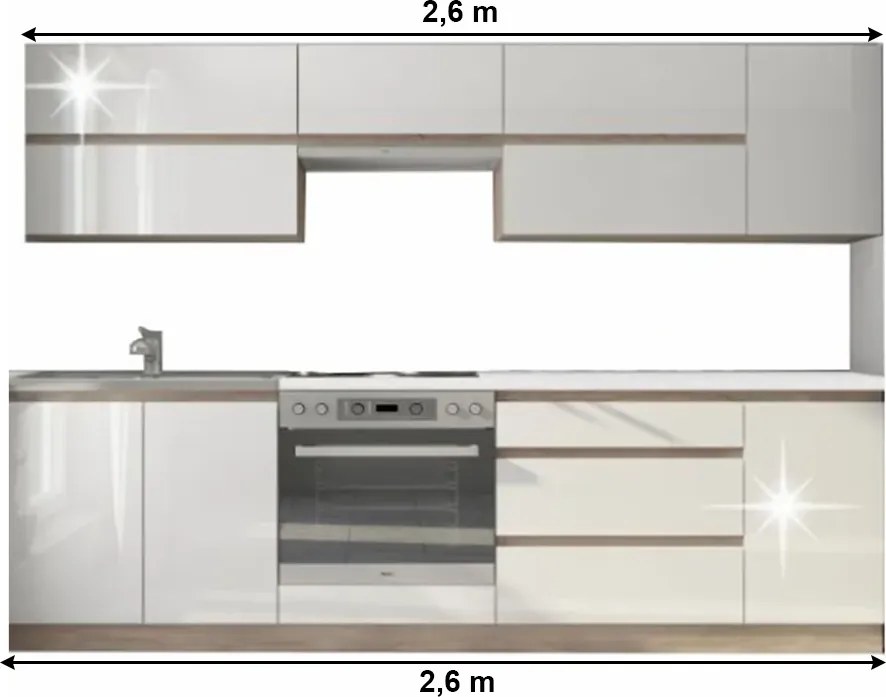 Tempo Kondela Kuchyňská linka LINE 260 cm, bílá lesk/dub sonoma