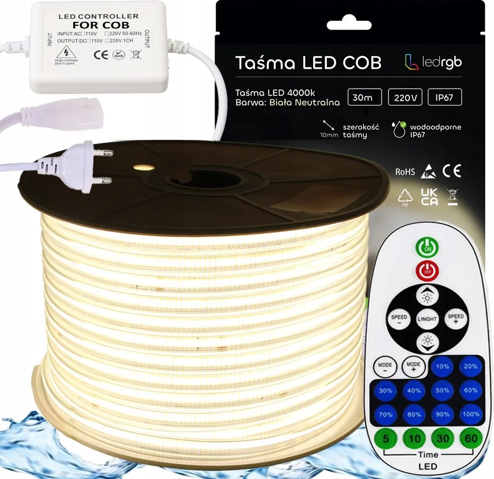 Set Led pásek Cob 230V 30 m 4000K Bílý Neutrální Stmívač Dálkový Ovladač Ir