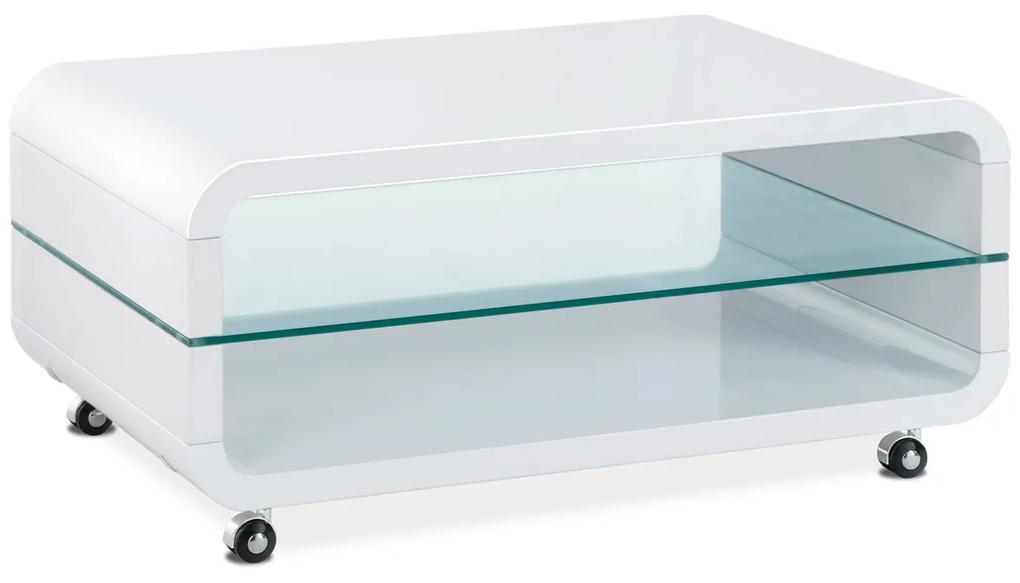 AUTRONIC Konferenční stolek 90x60x40, MDF bílý vysoký lesk, čiré sklo, pojezd