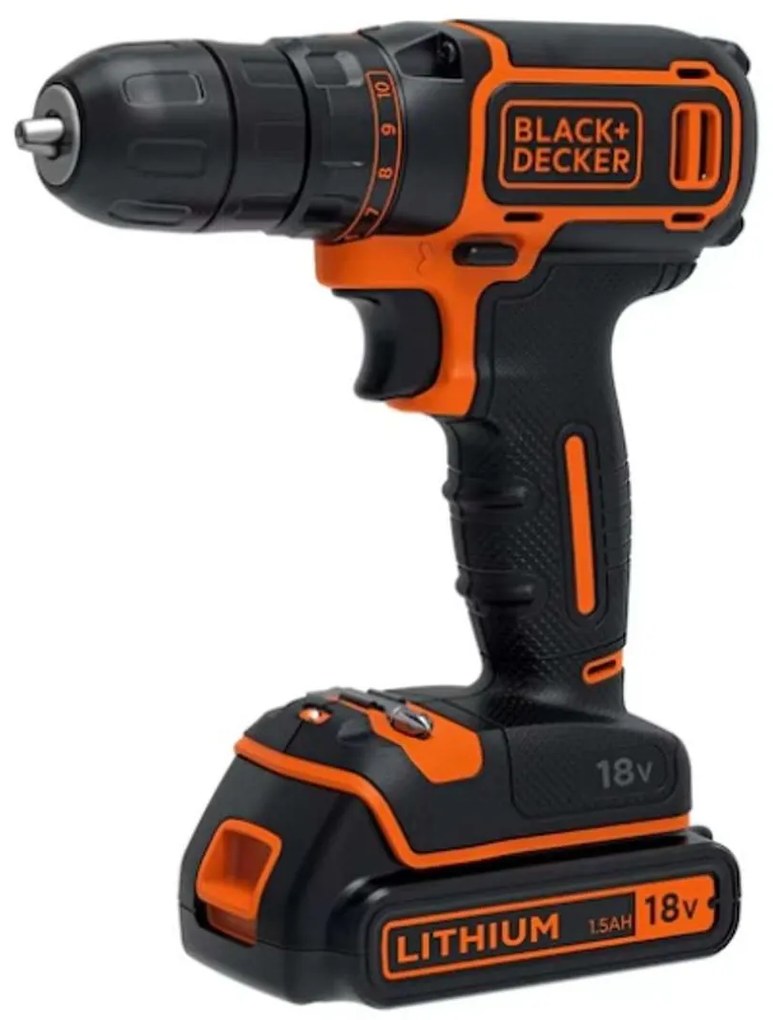 BLACK+DECKER Nářadí - 18V AKU vrtací šroubovák, 2x aku 1,5 Ah Li-Ion, nabíječka BDCDC18KB-QW