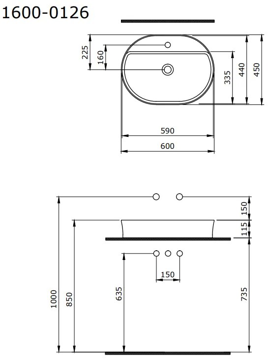 BOCCHI Sottile Slim Line - Umyvadlo na desku 600x450 mm, s otvorem na baterii, bez přepadu, bílá lesklá