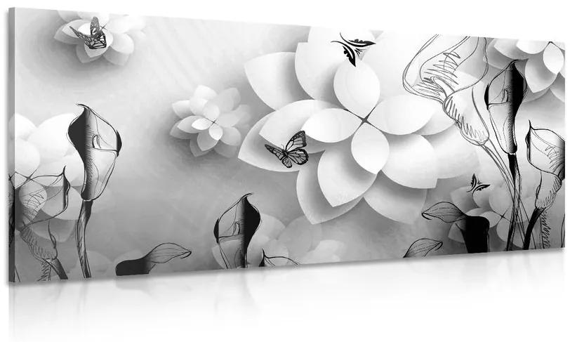 Obraz abstraktní květiny v černobílém provedení