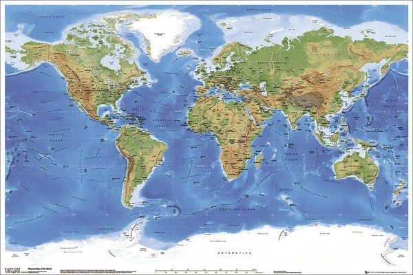 Plakát, Obraz - Mapa světa - fyzická, (91,5 x 61 cm)