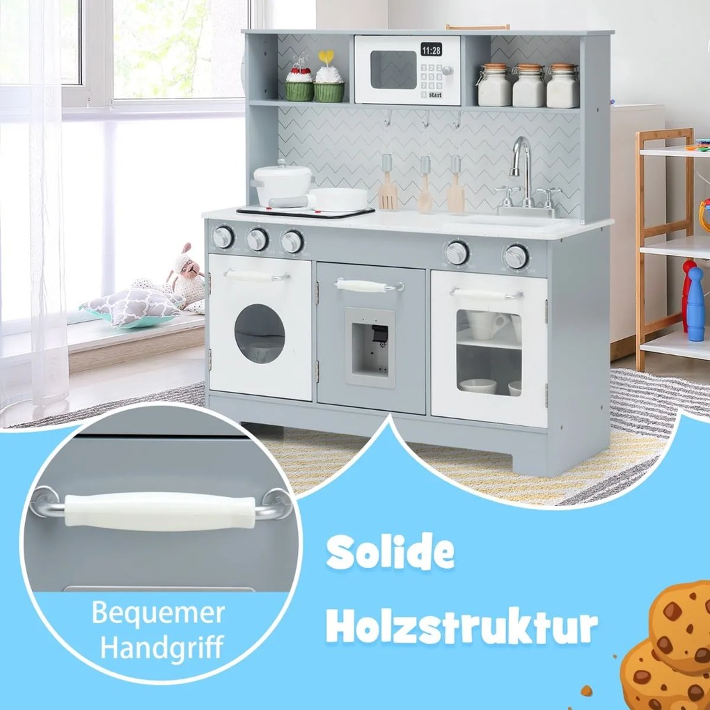 Costway Dětská kuchyňka s realistickým světlem a zvukem a doplňky, šedá
