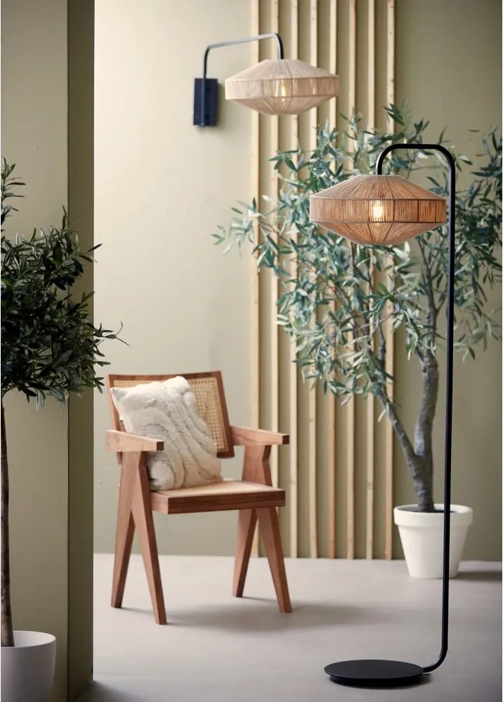 Stojací lampa s textilním stínidlem v matně černo-přírodní barvě (výška 164 cm) Lyra – Light &amp; Living
