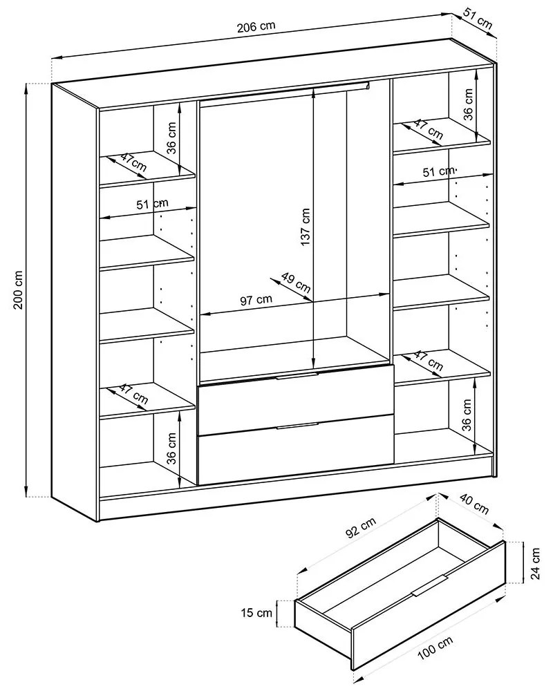 Šatní skříň NELLY 4D se zrcadlem + nástavec | 206 cm | grafit