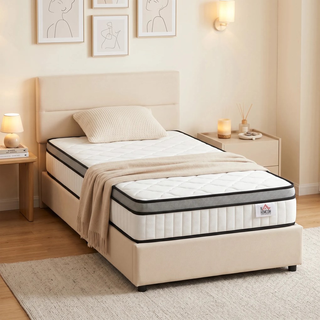 HOMCOM matrace 90 x 190 cm, výška 20 cm, 7-zónový taštičkový pružinový jádro s chladivým paměťovým pěnovým gelem