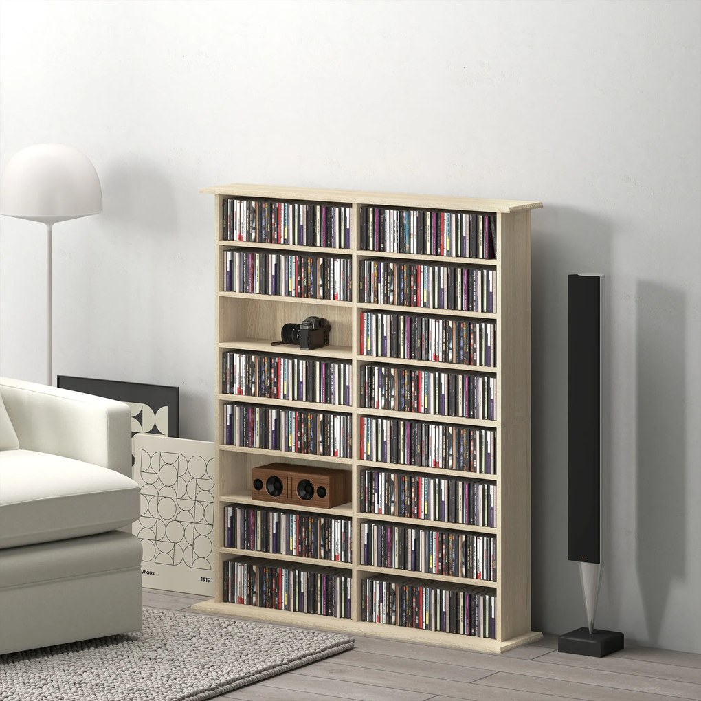 HOMCOM Úložný box na CD a DVD, multifunkční jednotka s 16 přihrádkami a 12 nastavitelnými policemi, max. kapacita 720 CD/396 DVD a Blu-ray, 106,5 x 2…