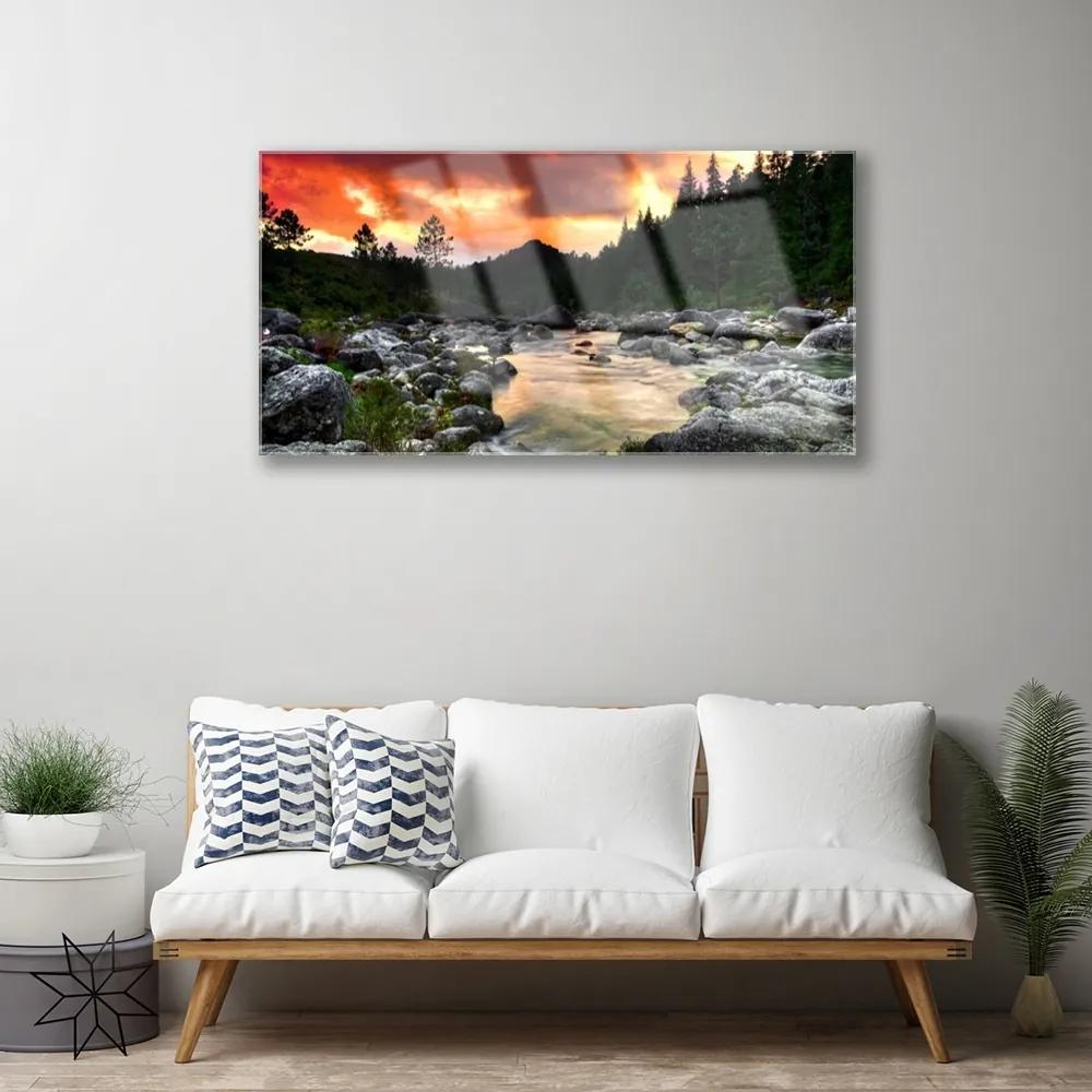 Obraz na skle Jezero Kameny Les Příroda 120x60 cm